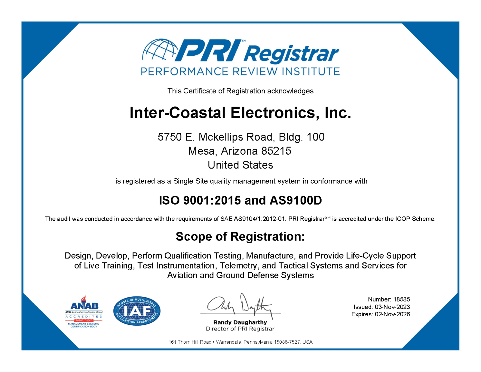 Inter-Coastal Electronics achieves recertification to ISO 9001 and AS9100 Standards - FAAC